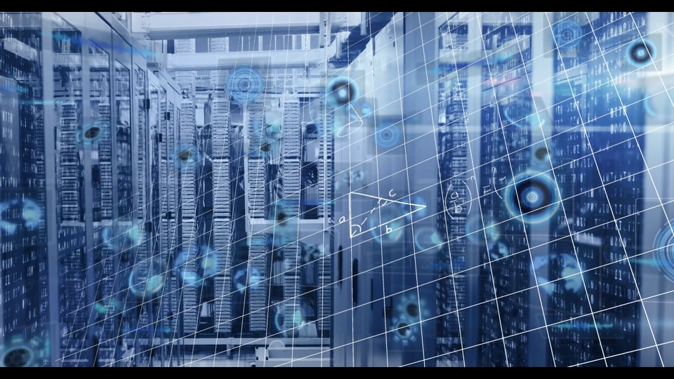 Animation of mathematical equations and multiple round scanners against computer server room ...