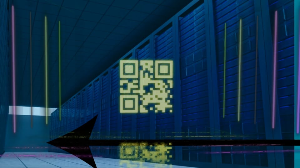 Animation of neon qr code scanner and arrow icon against computer ...