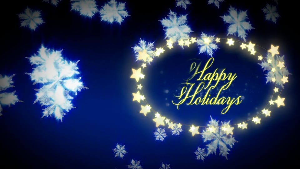 Animation of happy holidays text over fir tree and snowflakes on blue ...