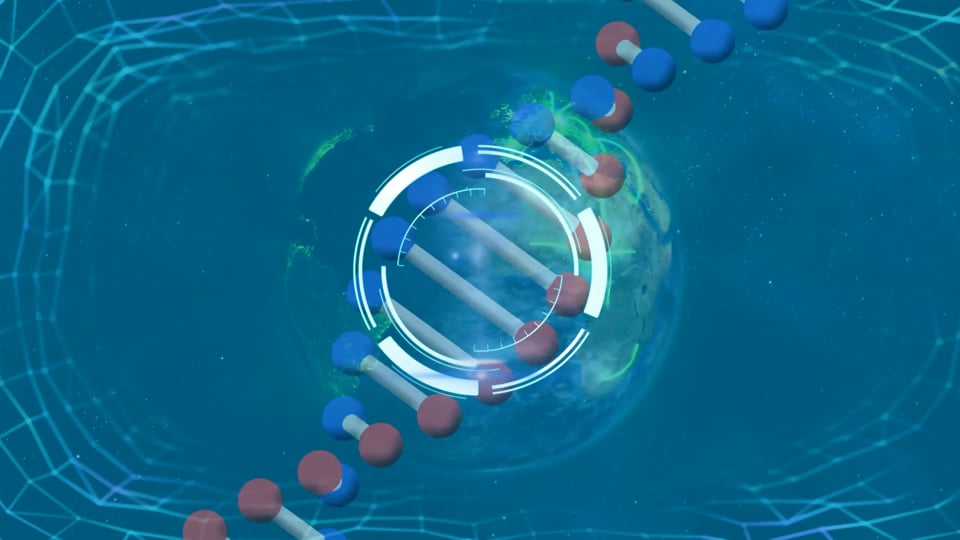 Animation of round scanner over spinning dna struture against light trails over spinning globe ...