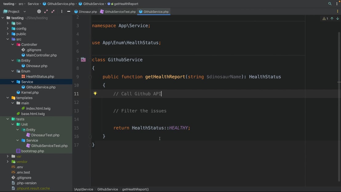 GitHub Service: Implementation > PHPUnit: Unit Testing with a Bite ...