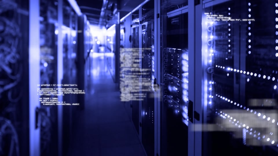 Animation of moving lens flare and programming language over server ...