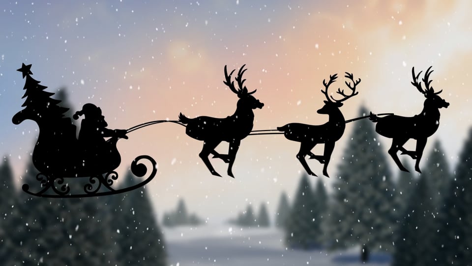 Animation of snow over santa claus in sleigh being pulled by reindeers ...