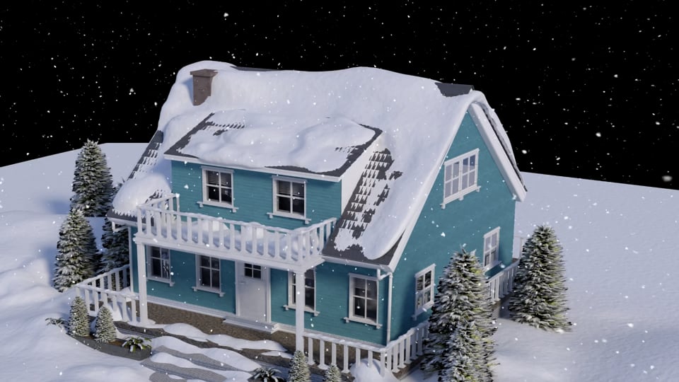 Animation of snow falling over house and christmas trees in winter ...