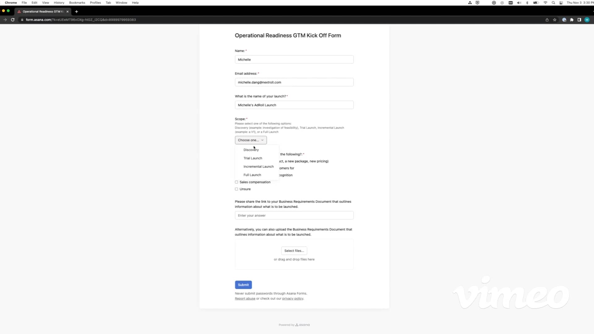 Operational Readiness GTM - Asana Form Walkthrough on Vimeo