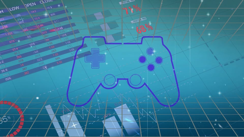 Animation of gaming controller over infographic interface against blue ...