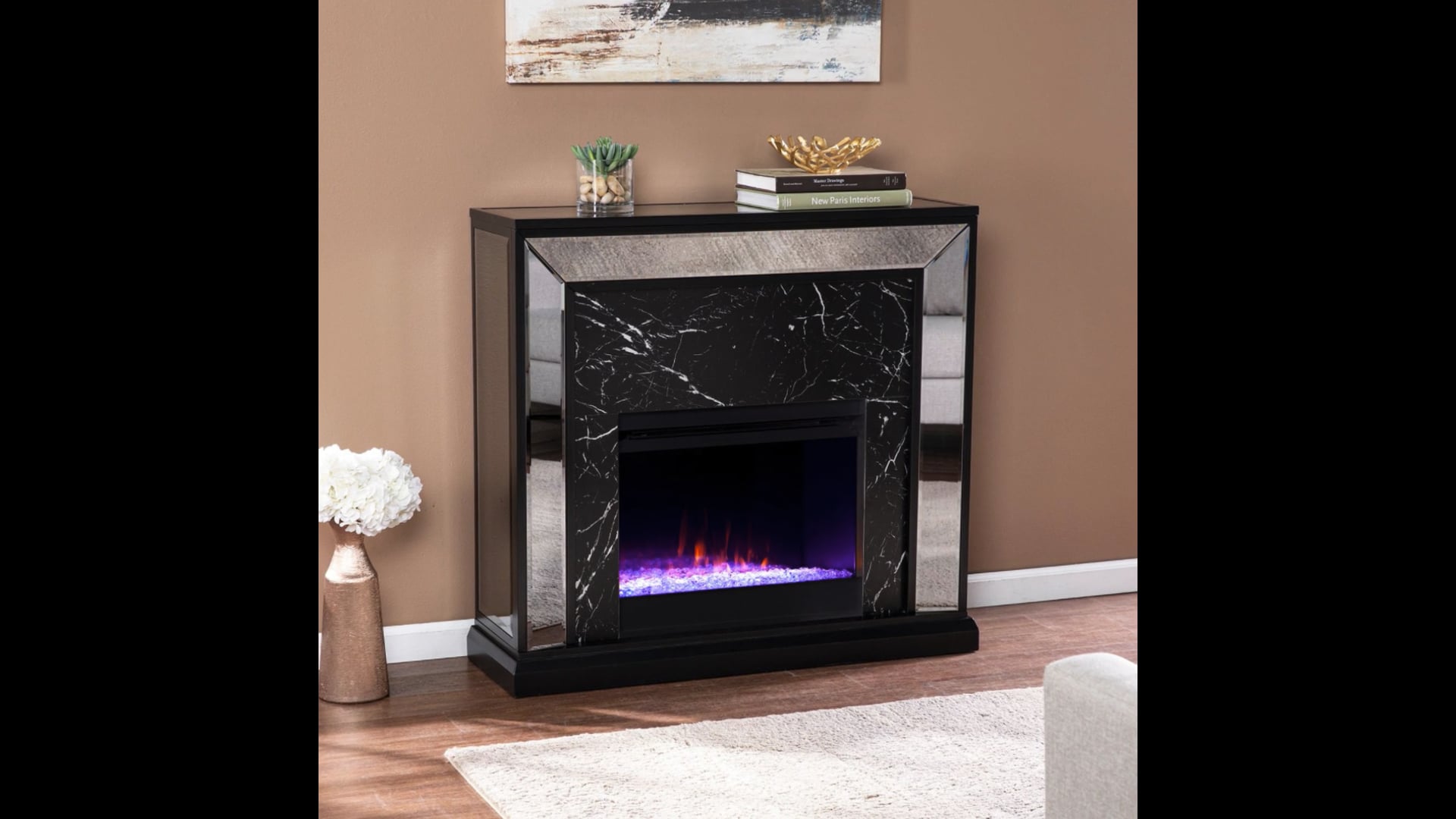 Trason Mirrored Faux Marble Color Changing Fireplace - Transitional ...