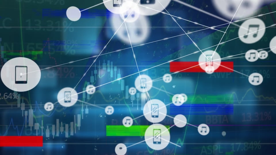 Animation Of Glitch Effect Over Network Of Digital Icons Against Stock Market Data Processing