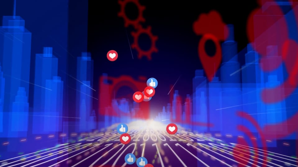 Animation Of Multiple Icons Lens Flare And Binary Codes Moving Amidst 3d Model Of Buildings 