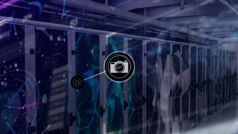 Animation of network of connections with icons and data processing over ...