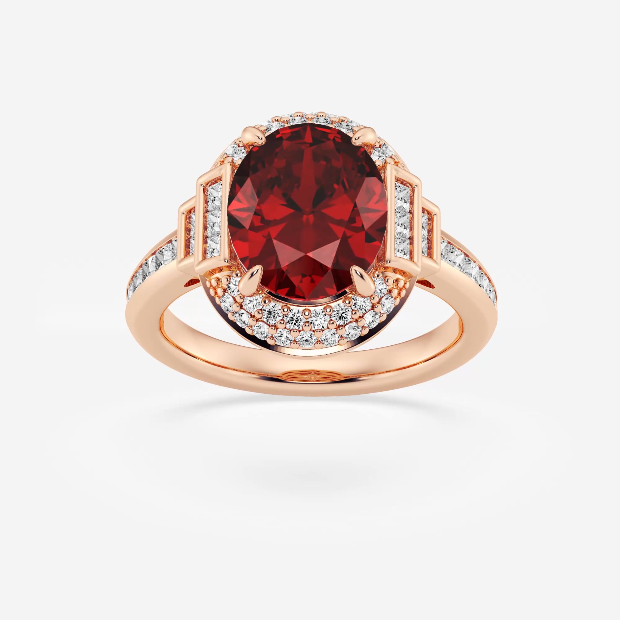11x9 mm Oval Cut Created Ruby and 3/4 ctw Lab Grown Diamond Side Stone ...