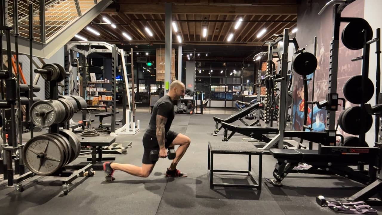 DB Reverse Lunge to Step Up w/ High Knee on Vimeo