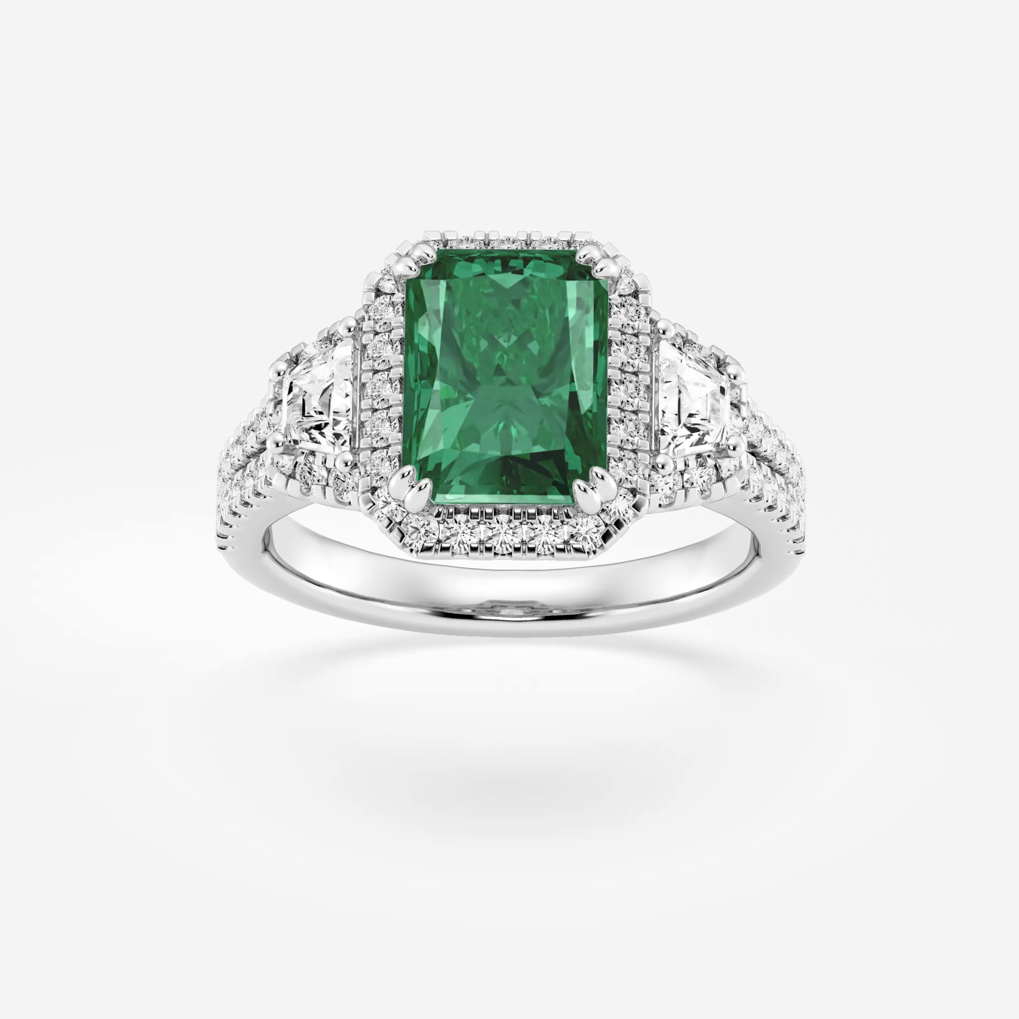 9x7 mm Radiant Cut Created Emerald and 3 4 CTW Round and Trapezoid Lab Grown Diamond Side Stone Engagement Ring 14K White Gold