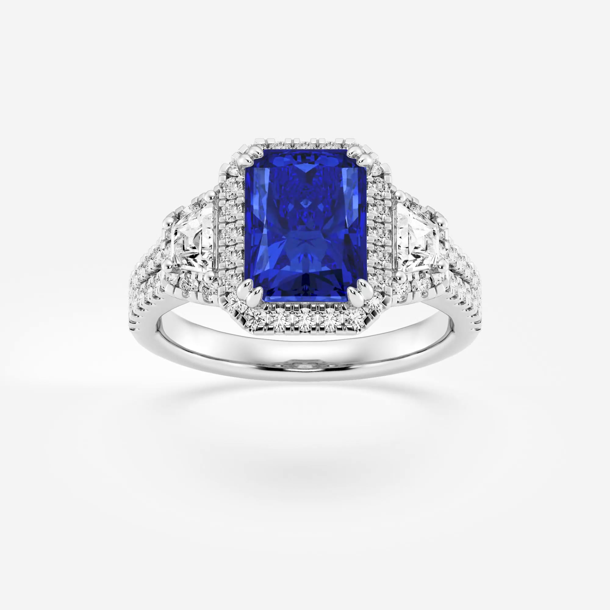 9X7 mm Radiant Cut Created Sapphire and 3/4 ctw Round and Trapezoid Lab ...