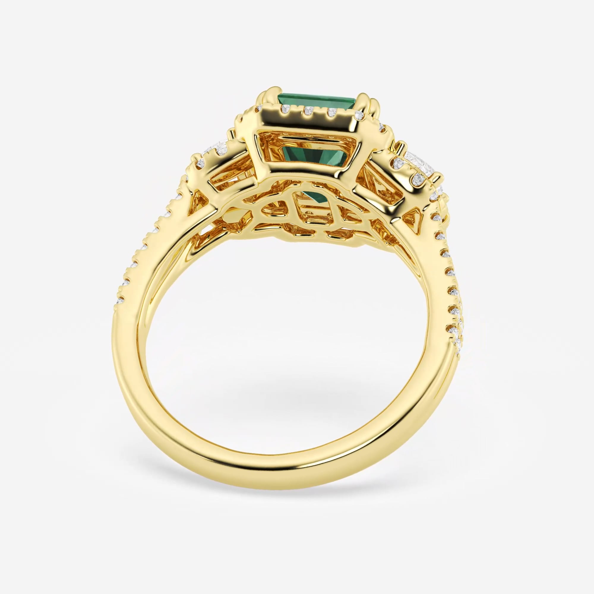 9X7 mm Radiant Cut Created Emerald and 7/8 ctw Round and Half Moon Lab ...