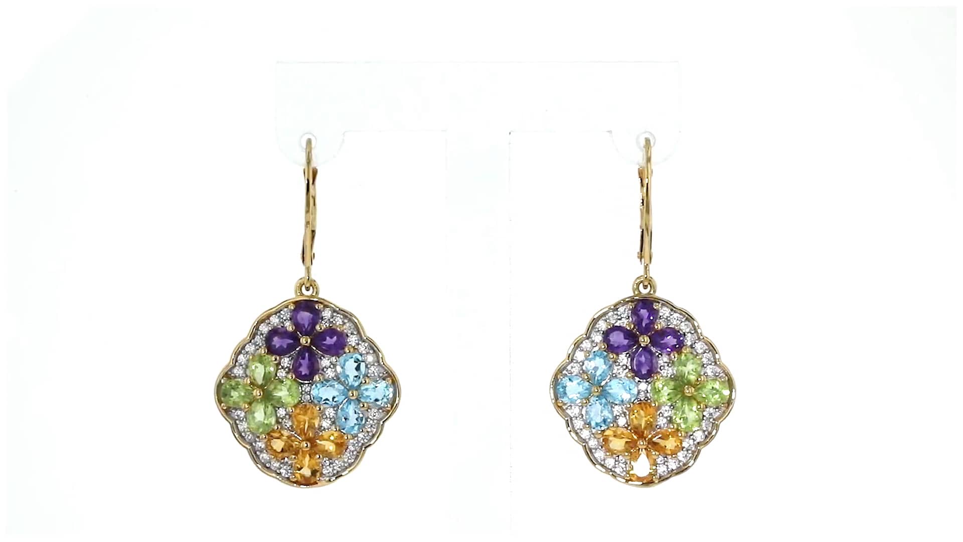 7 00 Ct T W Multi Gemstone Floral Drop Earrings In 18kt Gold Over