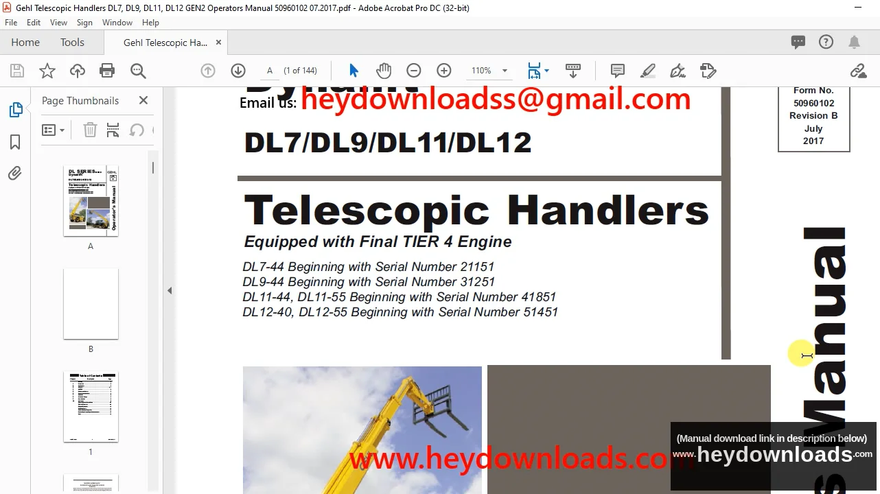 Gehl DL SERIES GEN2 Dynalift DL7 DL9 DL11 DL12 Telescopic Handler ...