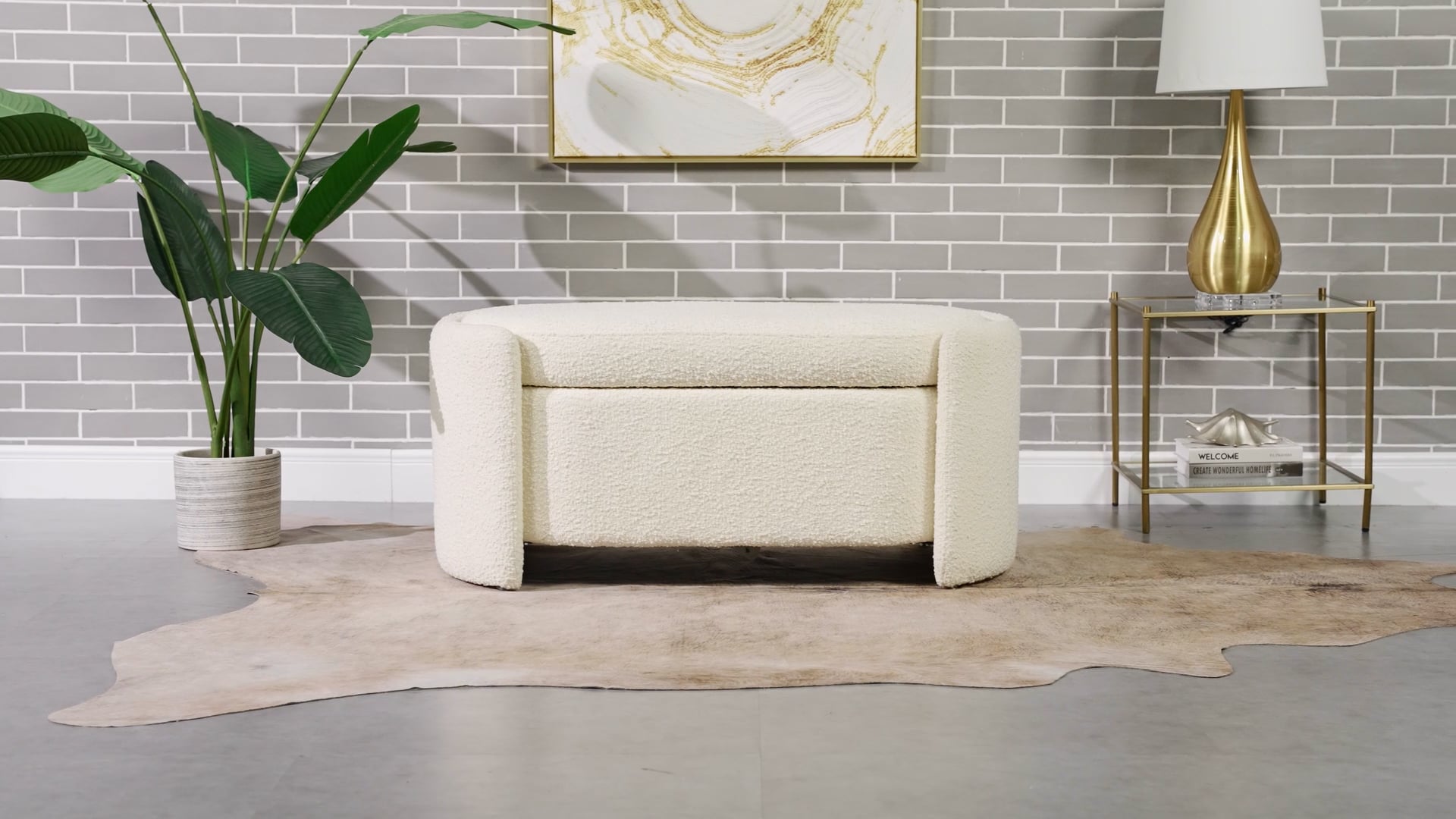 Fuji 43" Upholstered Oval Storage Bench, Ivory White Boucle ...