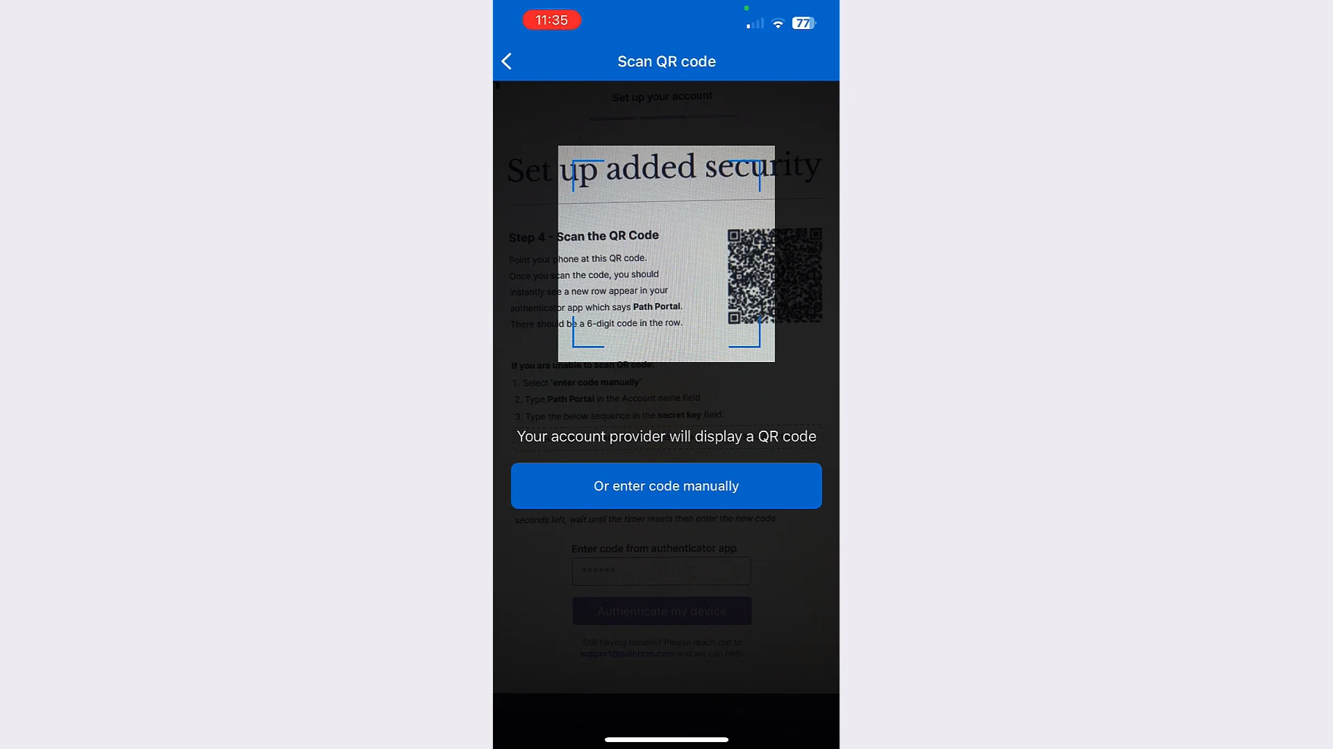 Adding an account (preparing to scan QR code) on iPhone