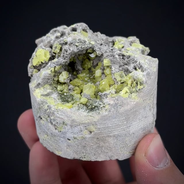 Sulfur on Calcite drill core | Comanche Creek Mine, Pecos Co., Texas, USA