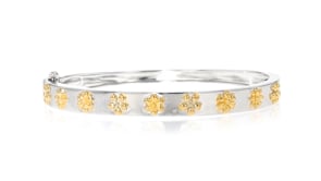 Two-Tone Sterling Silver 3d Flower Bangle Bracelet. 8"