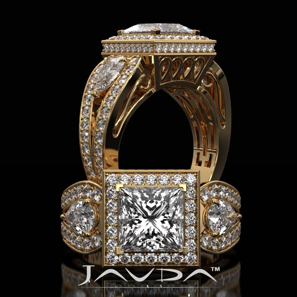 3 Stone Princess Circa Halo Diamond Engagement Ring 14k Yellow Gold on ...