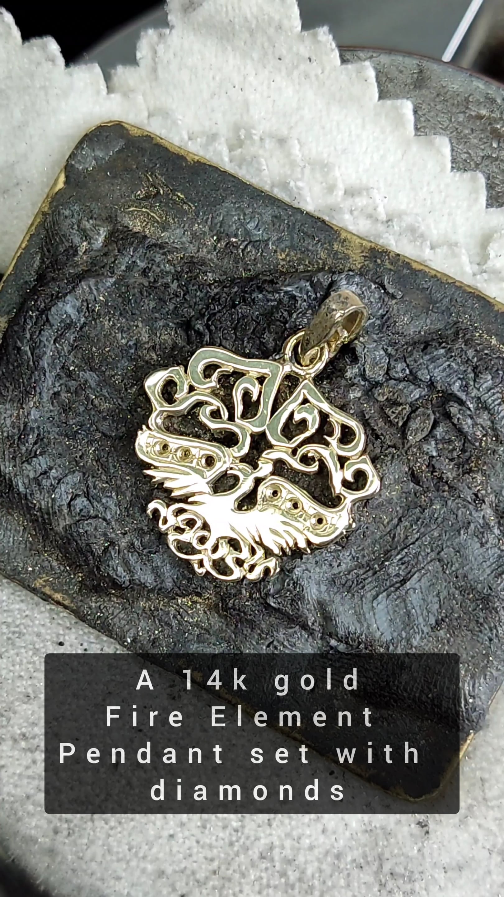 14k gold Fire Element pendant with diamonds on Vimeo