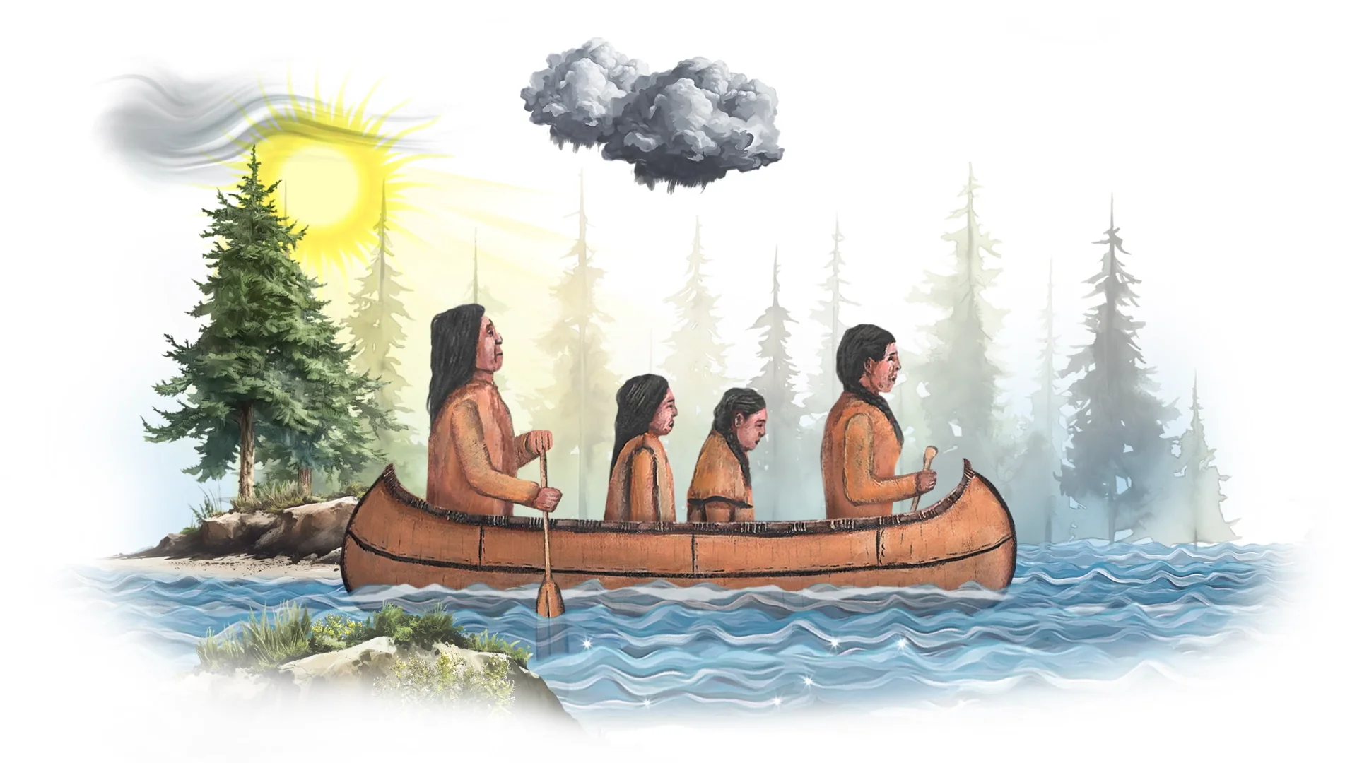 2D animated illustration of a Native American family