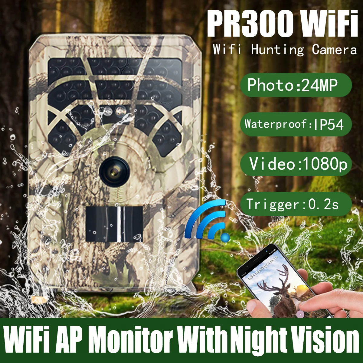 WIFI Hunting Trail Camera with 24MP 1080P 120° Wide-Angle Motions with ...