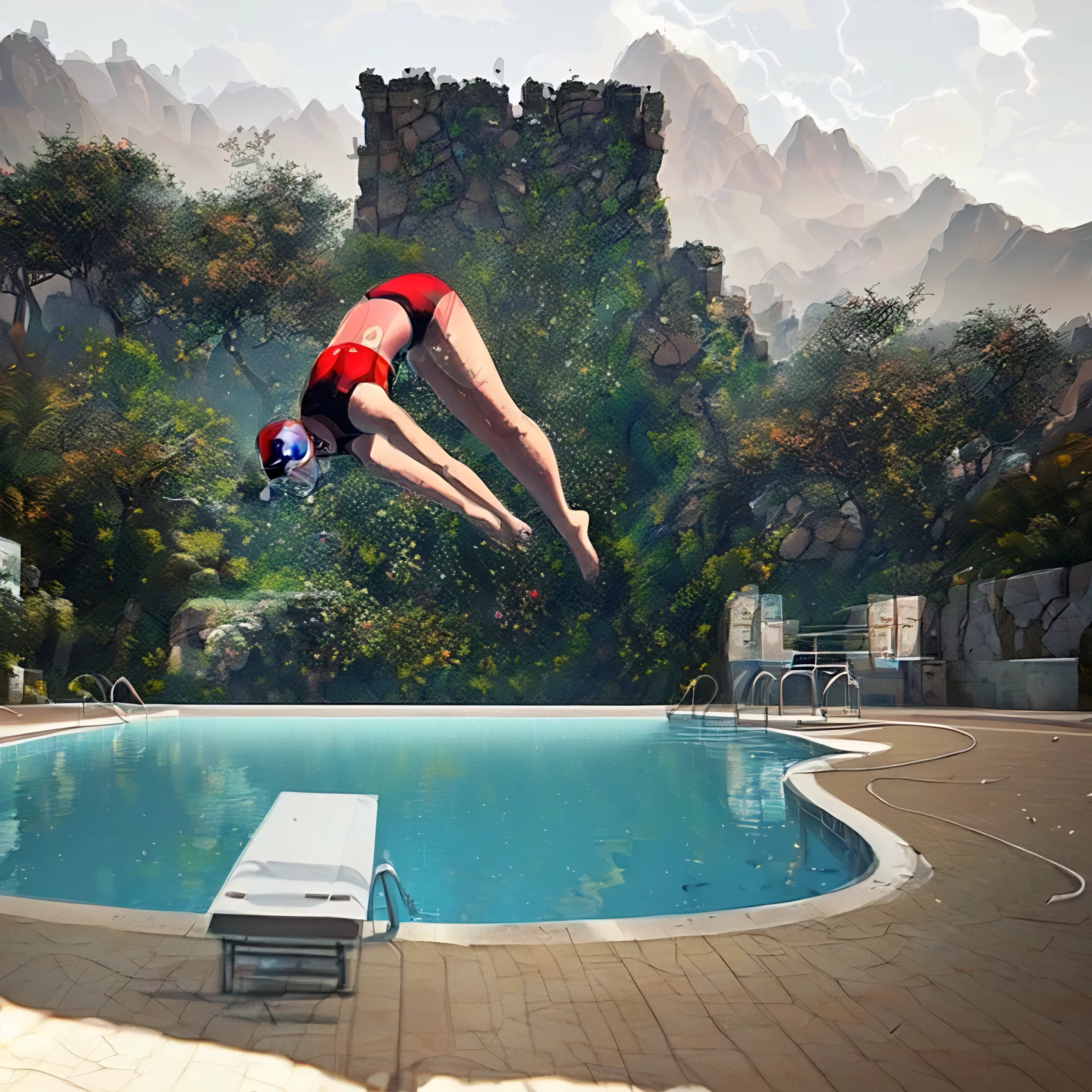 Woman diving into swimming pool, in the style of highly detailed ...