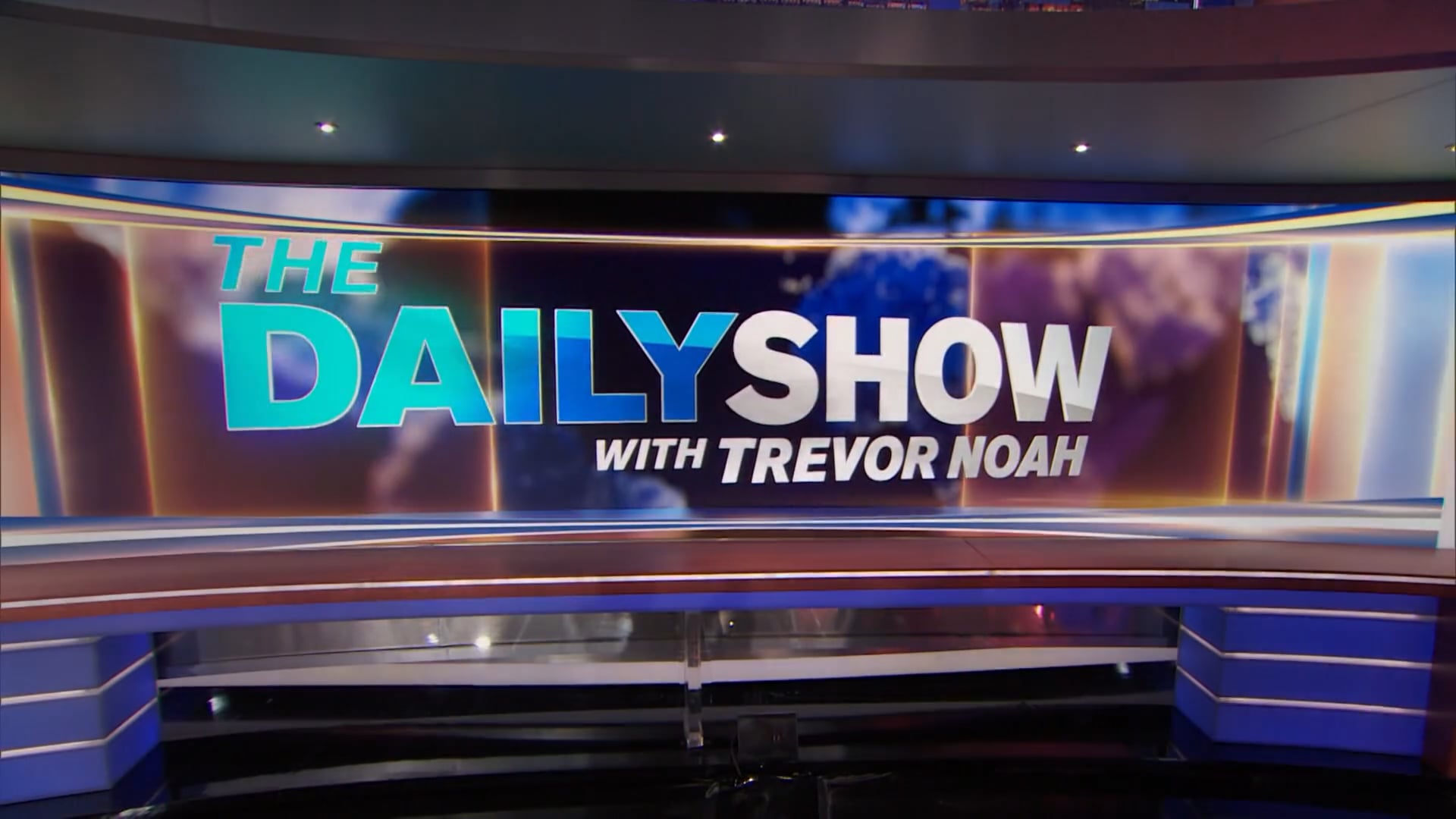 The Daily Show w/ Trevor Noah opening credits and studio monitor walls ...