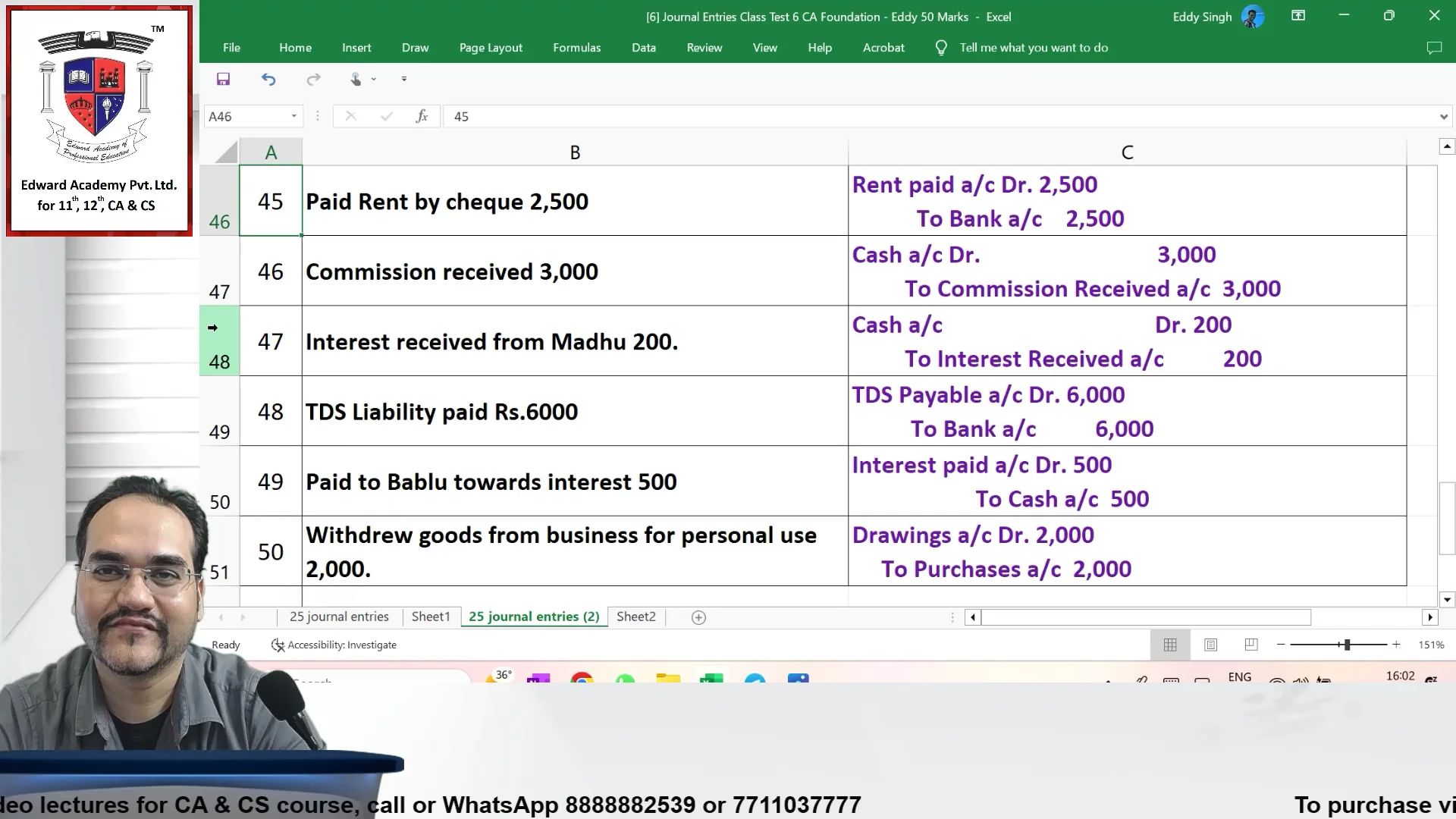 CAF Accounts Basics of Accounting S40 - Journal Entries Test (5 to 10 ...
