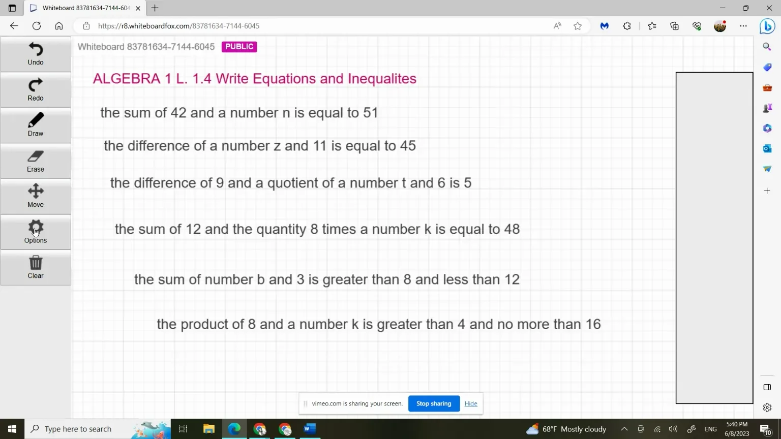 Algebra 1 L 1.4 Write Equations and Inequalities
