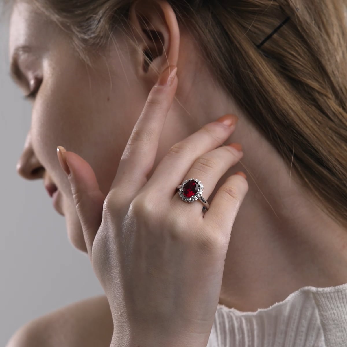 10X8 mm Oval Cut Created Ruby and 5/8 ctw Oval Lab Grown Diamond Halo Engagement Ring ...