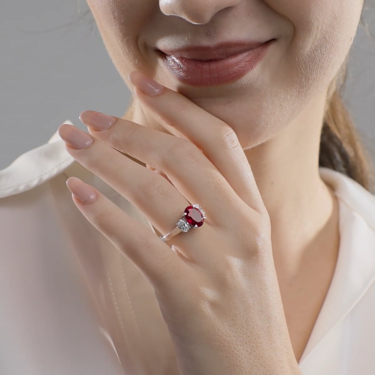 10x8 mm Oval Cut Created Ruby and 7/8 ctw Lab Grown Diamond Three-Stone ...