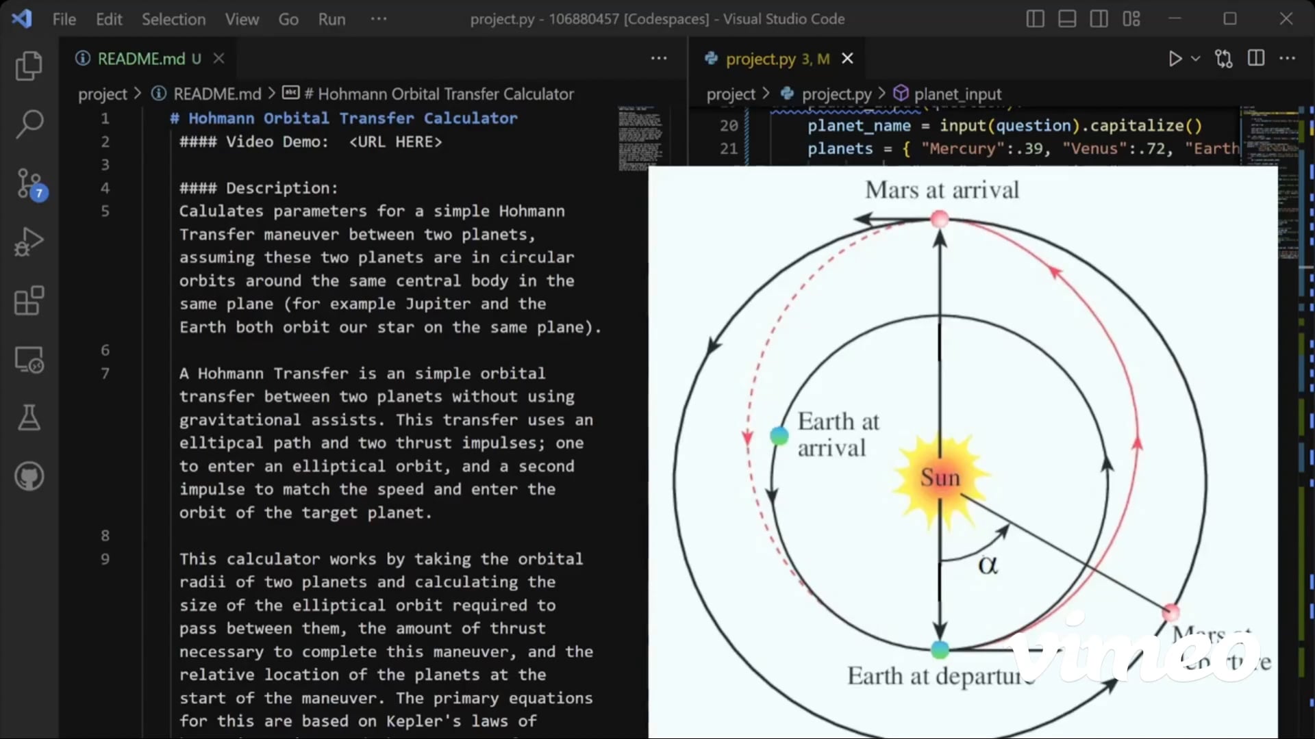 Hohmann Python Orbital Transfer Demo on Vimeo
