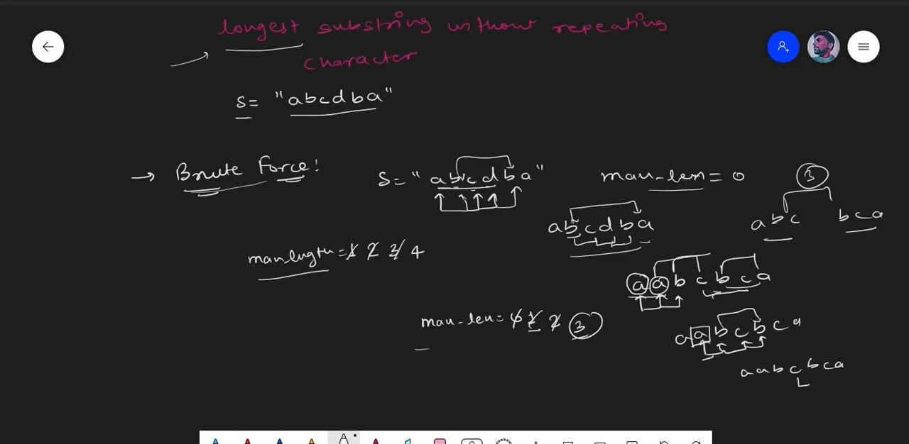 85 Longest Substring without repeating characters BruteForce on Vimeo