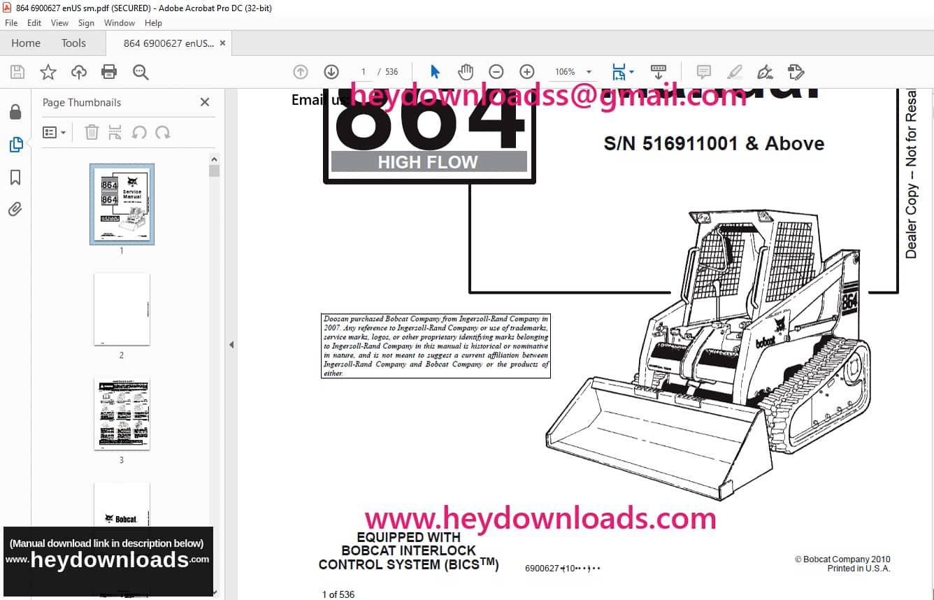 Bobcat 864 & 864 High Flow Loader Service Manual SN 516911001 & Above ...