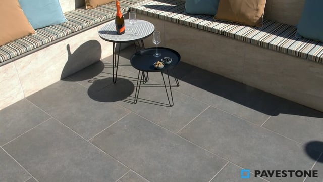 Pavestone - Pavestone Dolomite Grey & Dust Porcelain Patio Paving on Vimeo