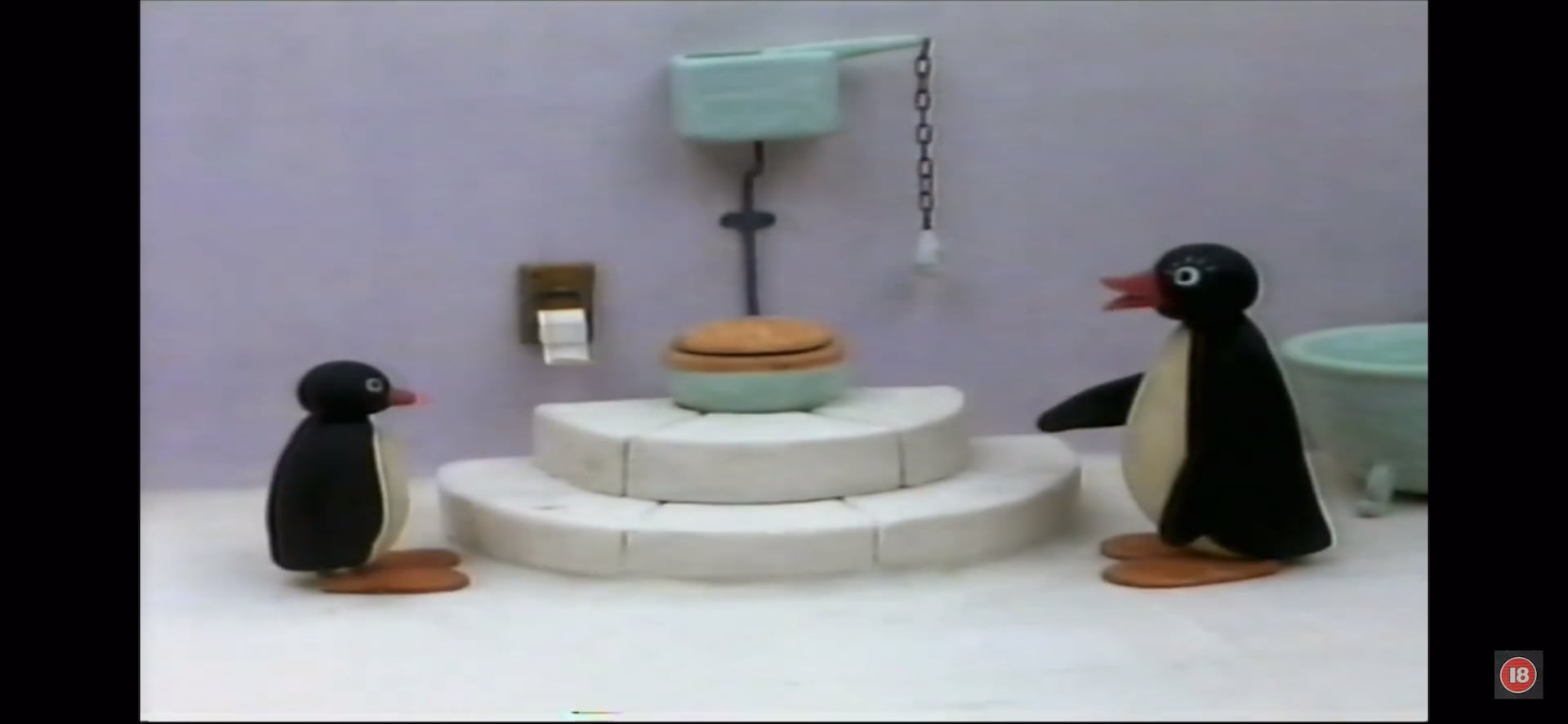 Pingu and his mum build steps so he can reach the toilet with his tiny ...