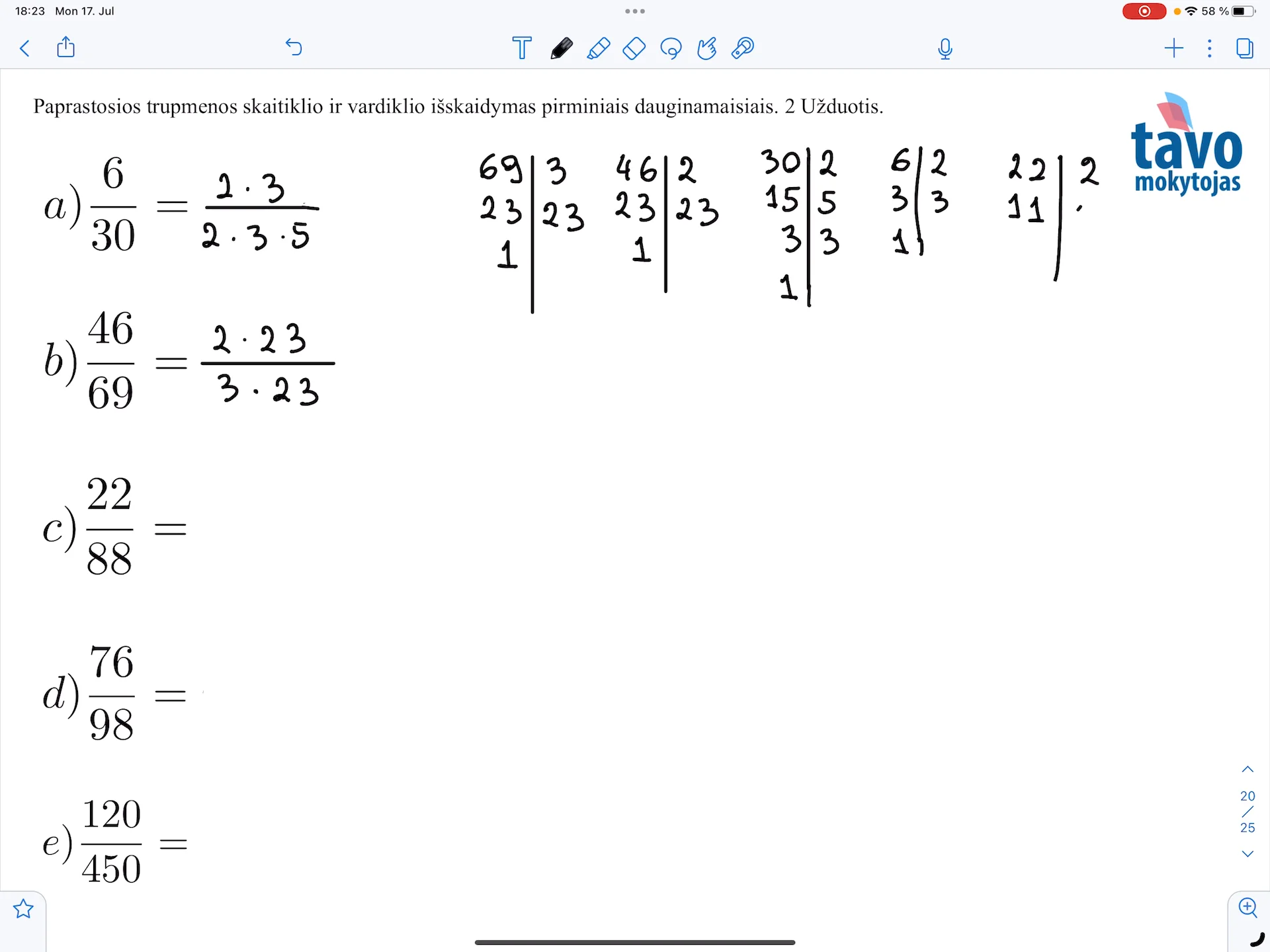 Skaitiklio ir vardiklio skaidymas pirminiais dauginamaisiais. 2 ...