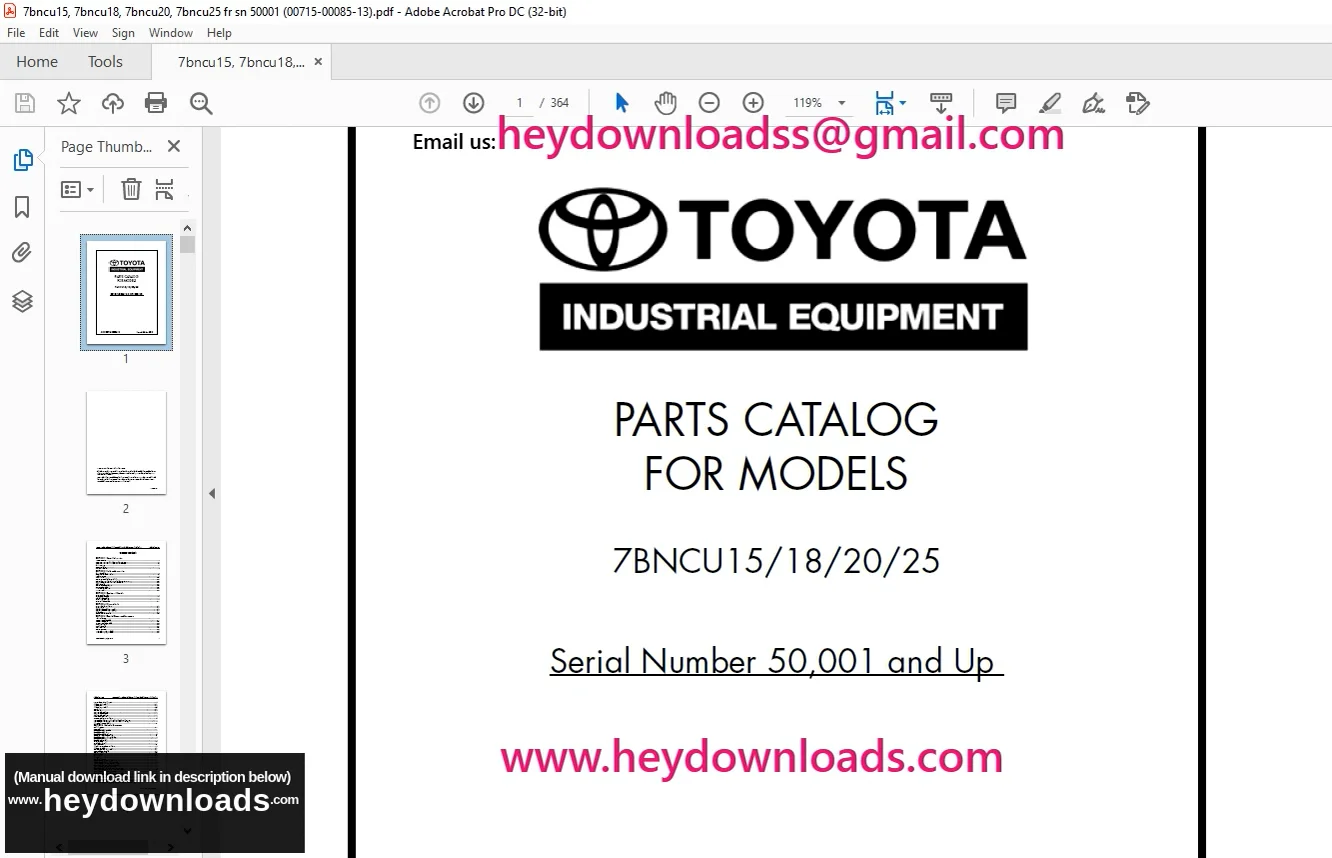 Toyota Forklift 7BNCU15 7BNCU18 7BNCU20 7BNCU25 Parts Catalog Manual SN ...