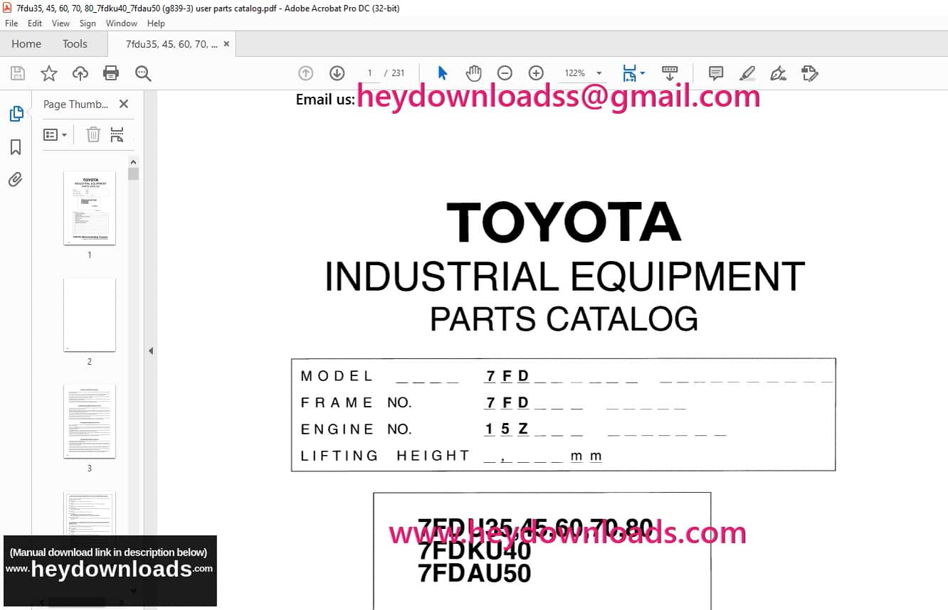 Toyota Forklift 7FDU35 7FDU45 7FDU60 7FDU70 7FDU80 7FDKU40 7FDAU50 ...