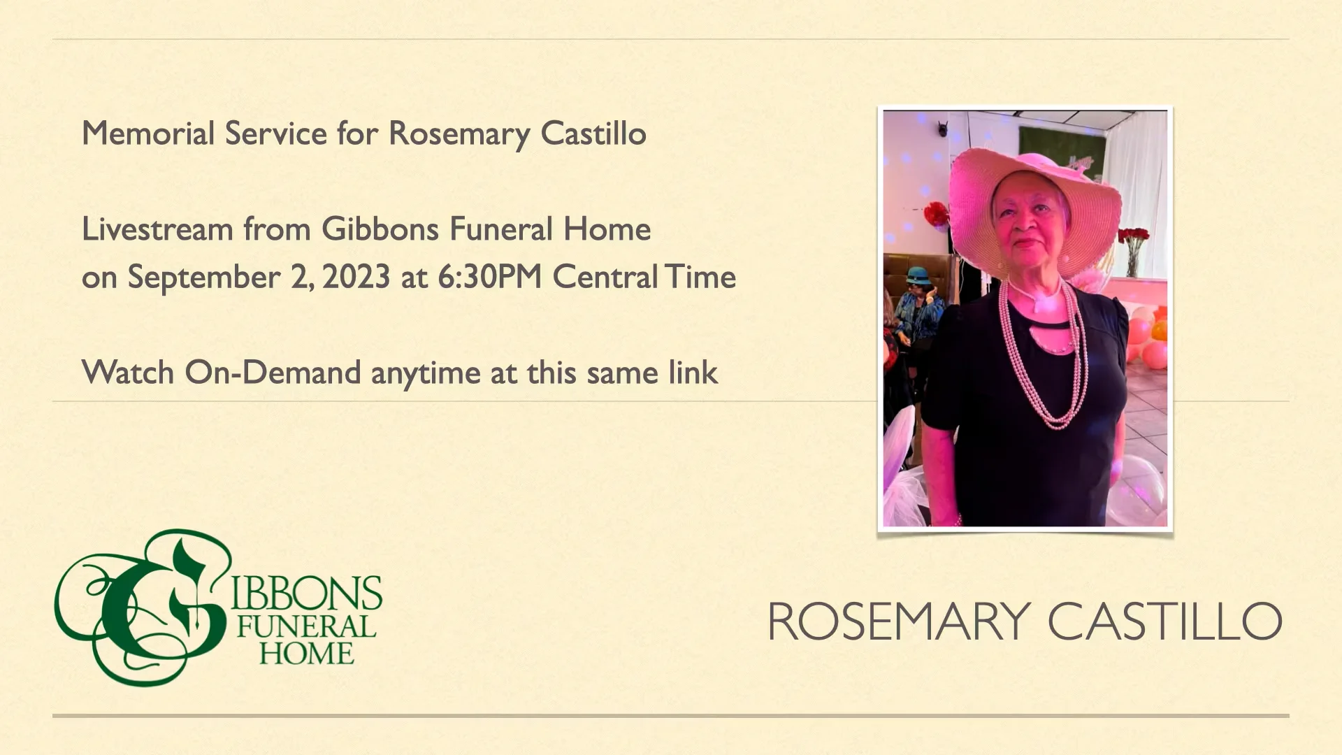 Memorial Service - Rosemary Castillo on September 2, 2023 (test) on Vimeo