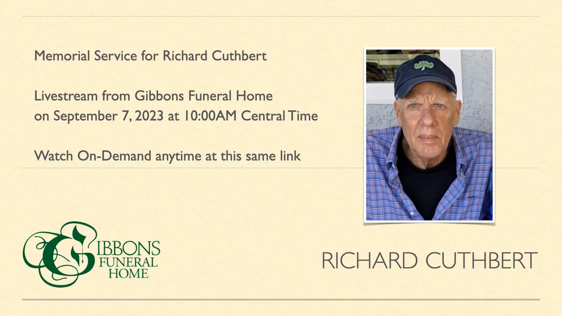 Livestream of the Memorial Service for Richard Cuthbert on September 7 ...