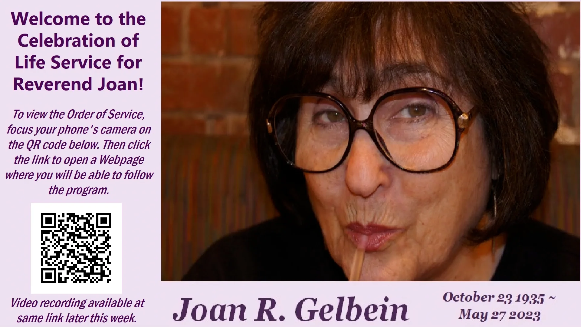 Celebration of Life of Rev Joan R. Gelbein on Vimeo