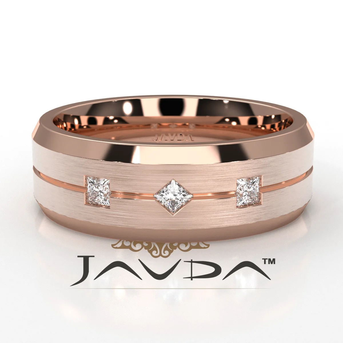 3 Stone Kite Set Princess Diamond Men's Half Wedding Band 14k Rose Gold ...