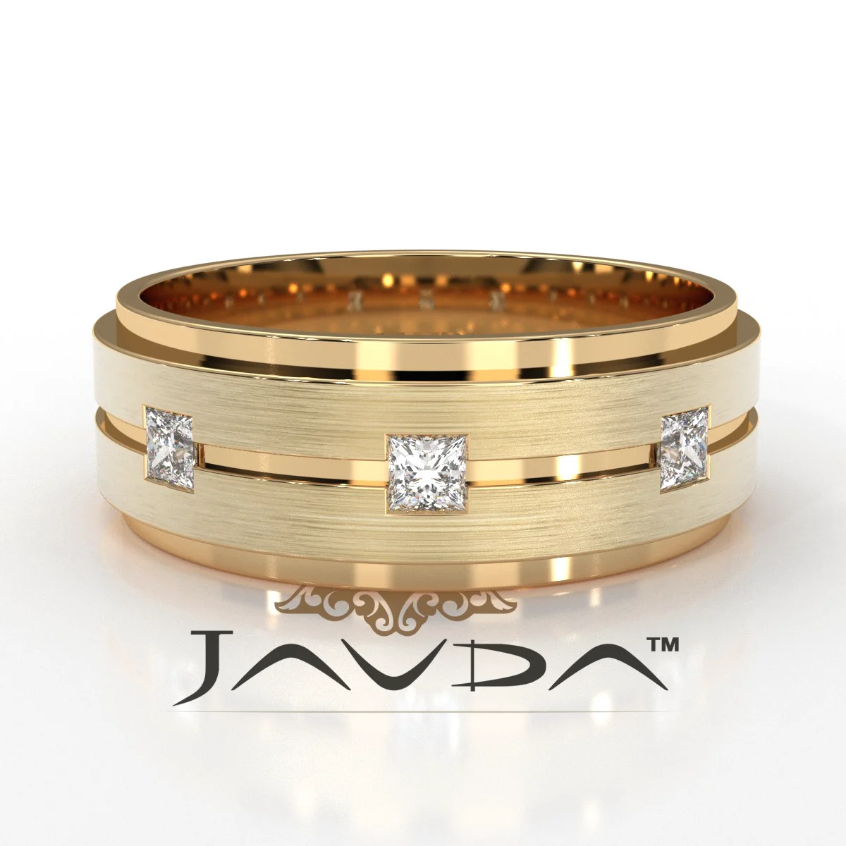 Grooved Bezel 3 Stone Diamond Men's Half Wedding Band in 14k Yellow ...