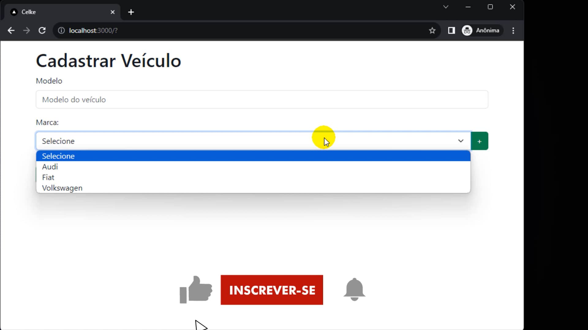 Como cadastrar novo option no campo select com React on Vimeo