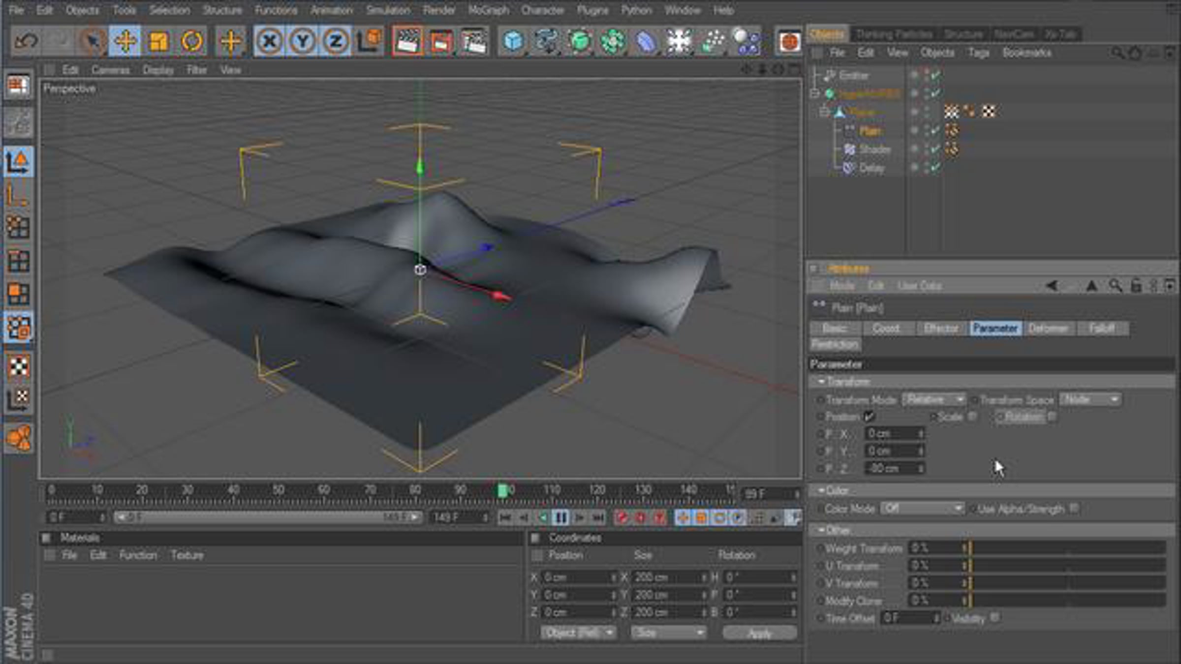 Vertex Map + Shader Effector + Particle Falloff for organic wavy motion.